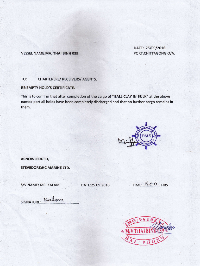 Empty Hold - S Certificate Mv. Thai Binh 039 | PDF