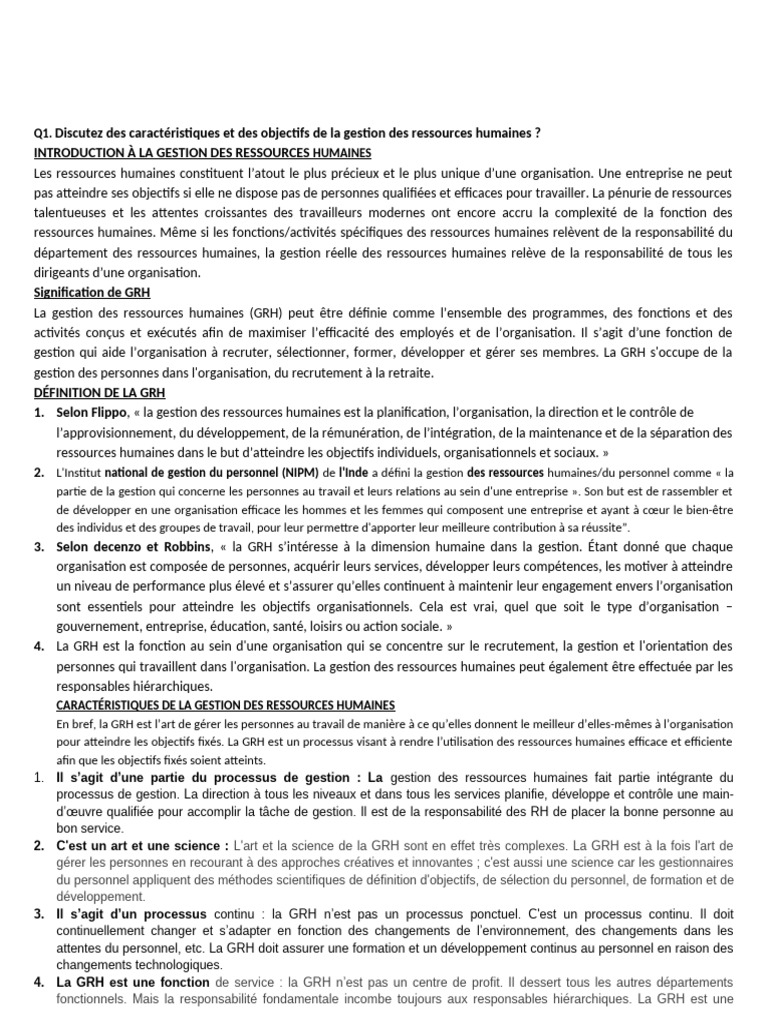 Caractéristiques et objectifs de la gestion des ressources humaines ...