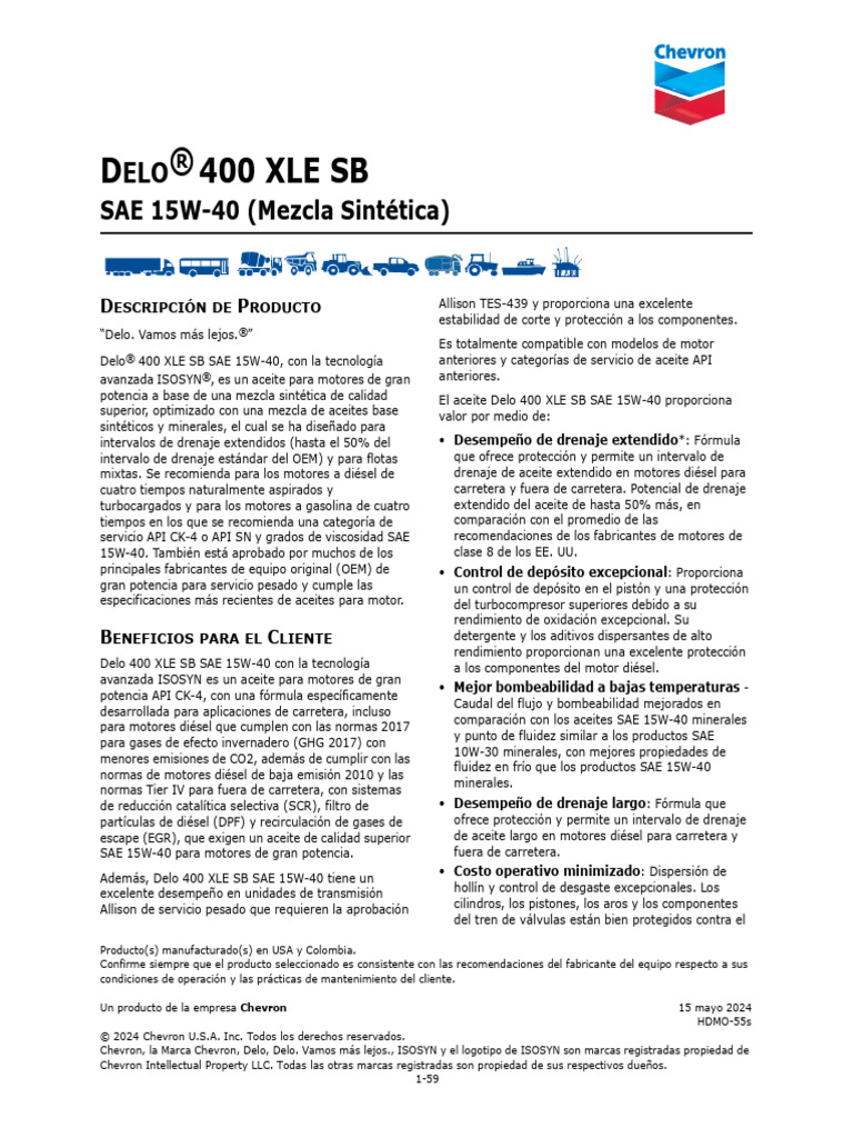 Chevron Delo 400 Xle SB 15W 40 | PDF | Lubricante | Motor diesel
