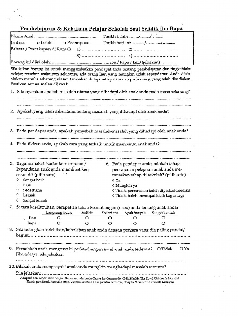 01 Borang Pembelajaran - Kelakuan Pelajar Sekolah Soal Selidik Ibu Bapa | PDF