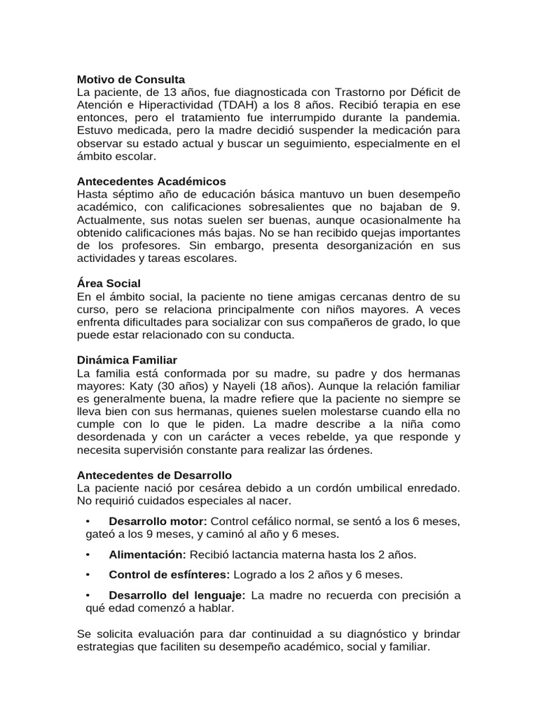 Evaluacion Tdah Niña | PDF | Desorden hiperactivo y deficit de atencion | Las emociones