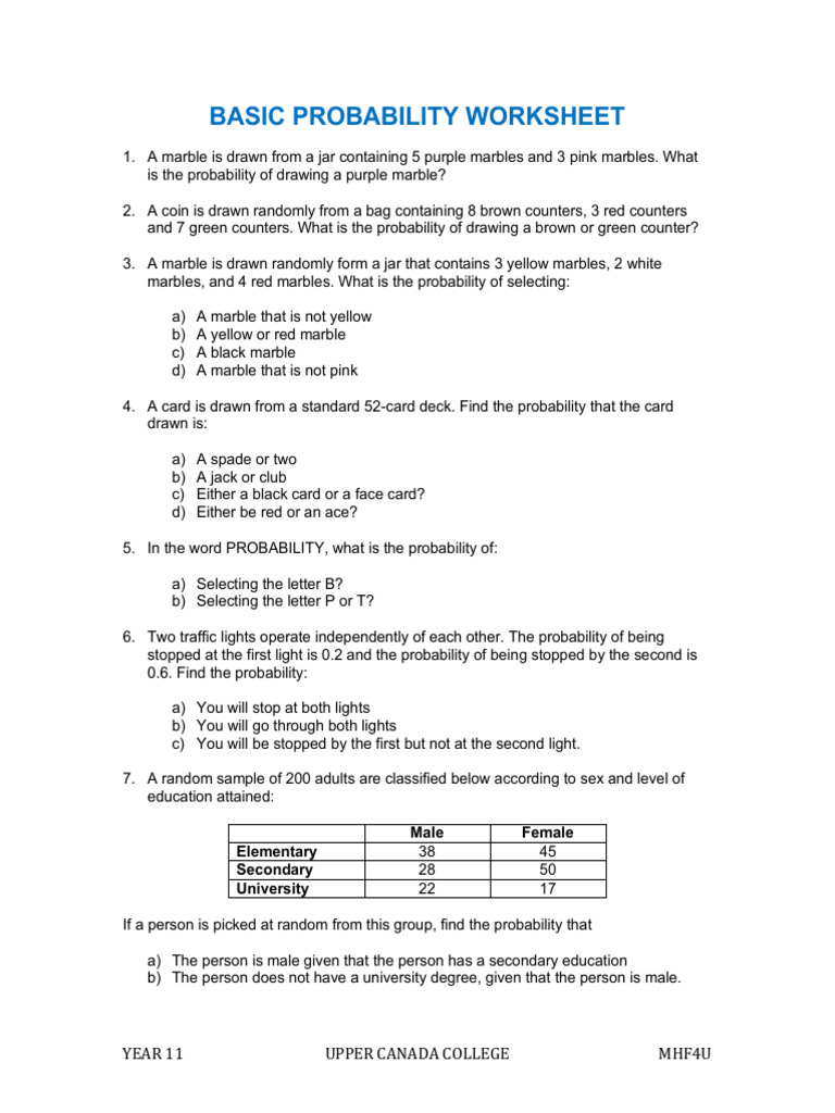 Basic Probability Worksheet | PDF