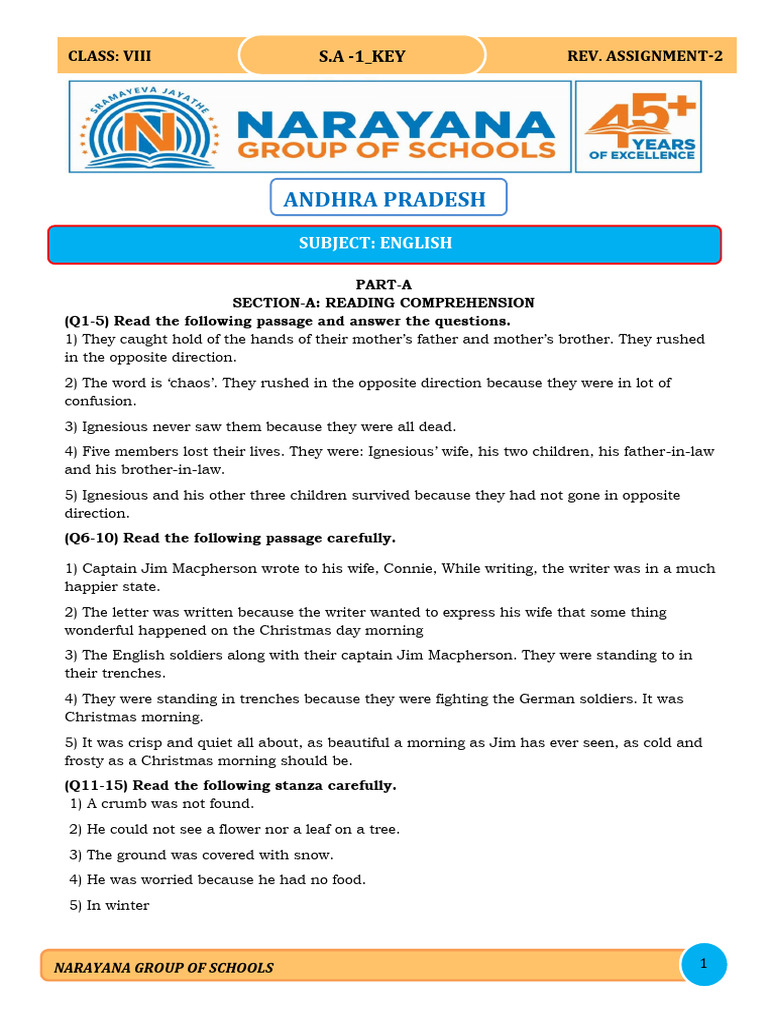 Ap - Viii - English - S.a.-1 - Revision Assignment - 2 - Key | PDF | Syntax | Grammar