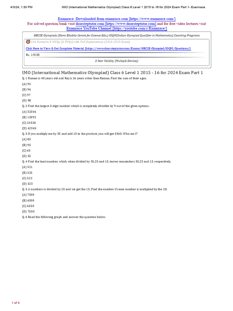 IMO Level 2 Class 6 Paper 2015 2016 Part 1 | PDF | Mathematics