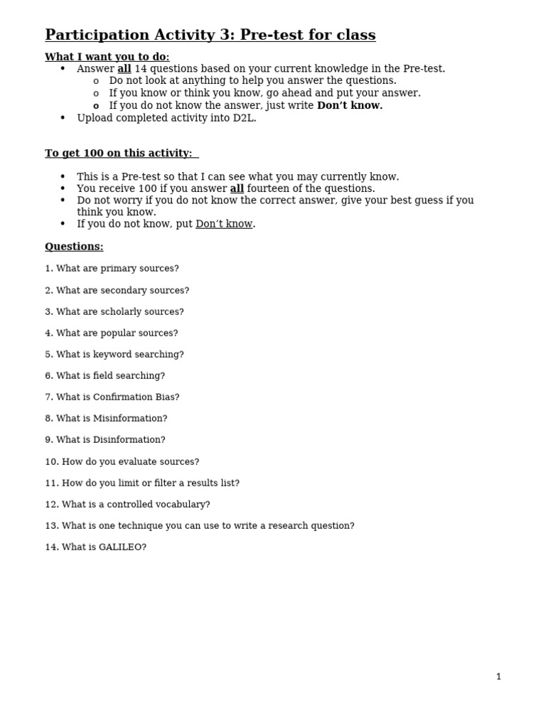 Pre-test Questions for Class Participation | PDF