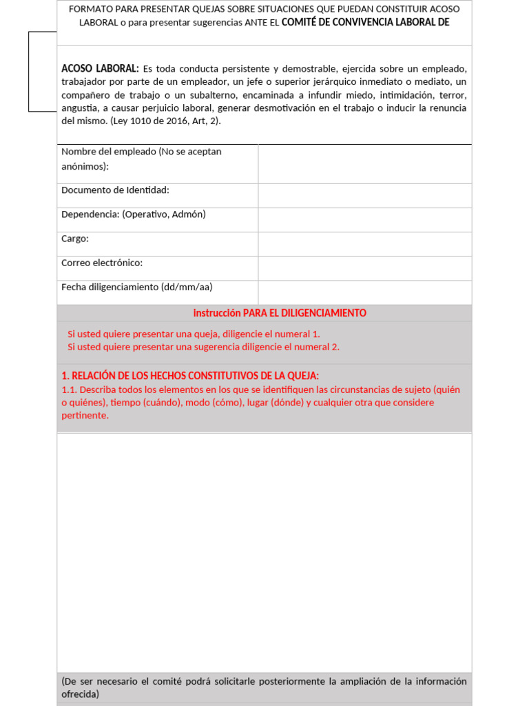 Formato para Presentar Quejas o Situaciones de Acoso Laboral | PDF