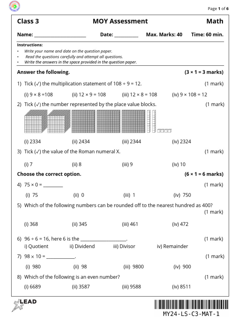 Class3 - Math - ASM-1 5253 | PDF | Division (Mathematics) | Elementary ...