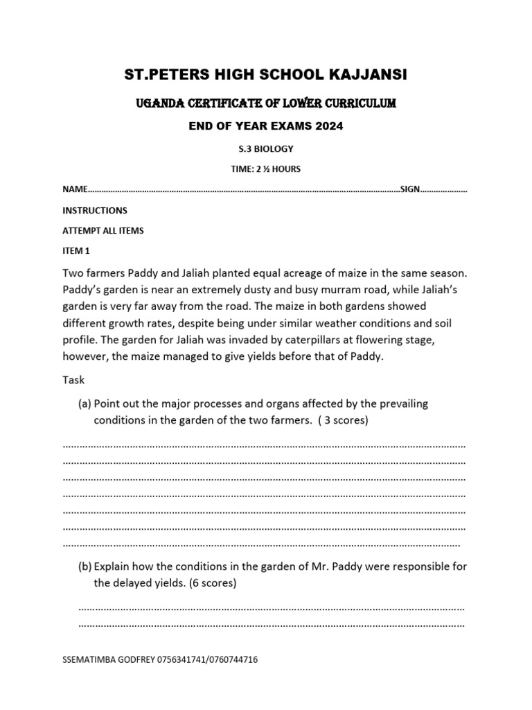 ST - Peters High School Kajjansi End of Year Exams 2024 S.3 Biology ...