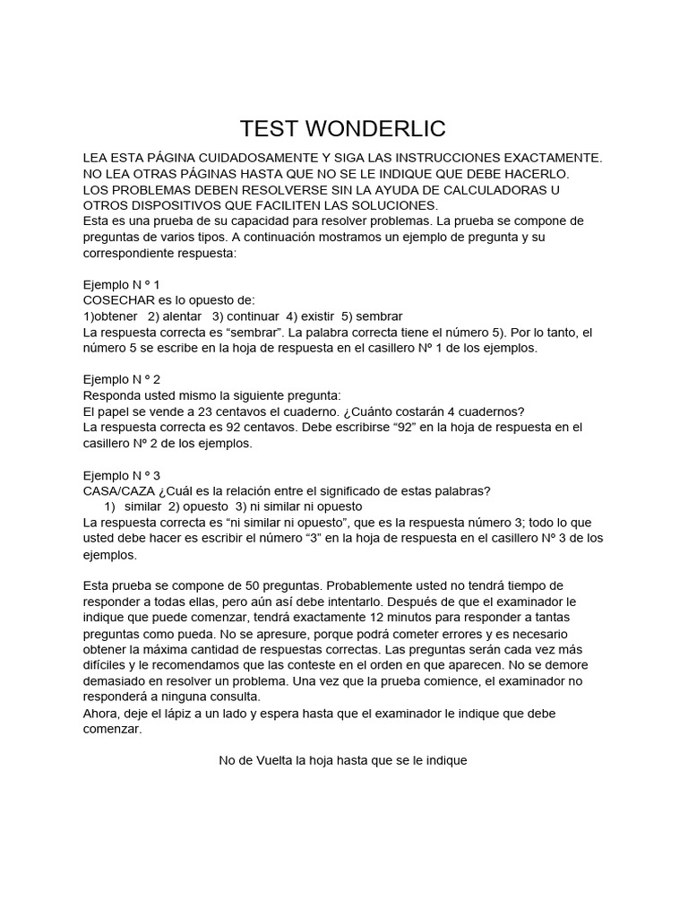 Instrucciones para el Test Wonderlic | PDF