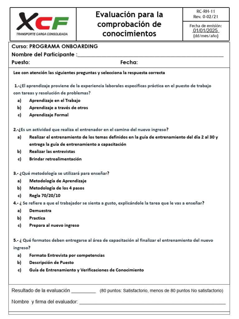 Evaluación Tradicional - Programa Onboarding-Respuestas | PDF
