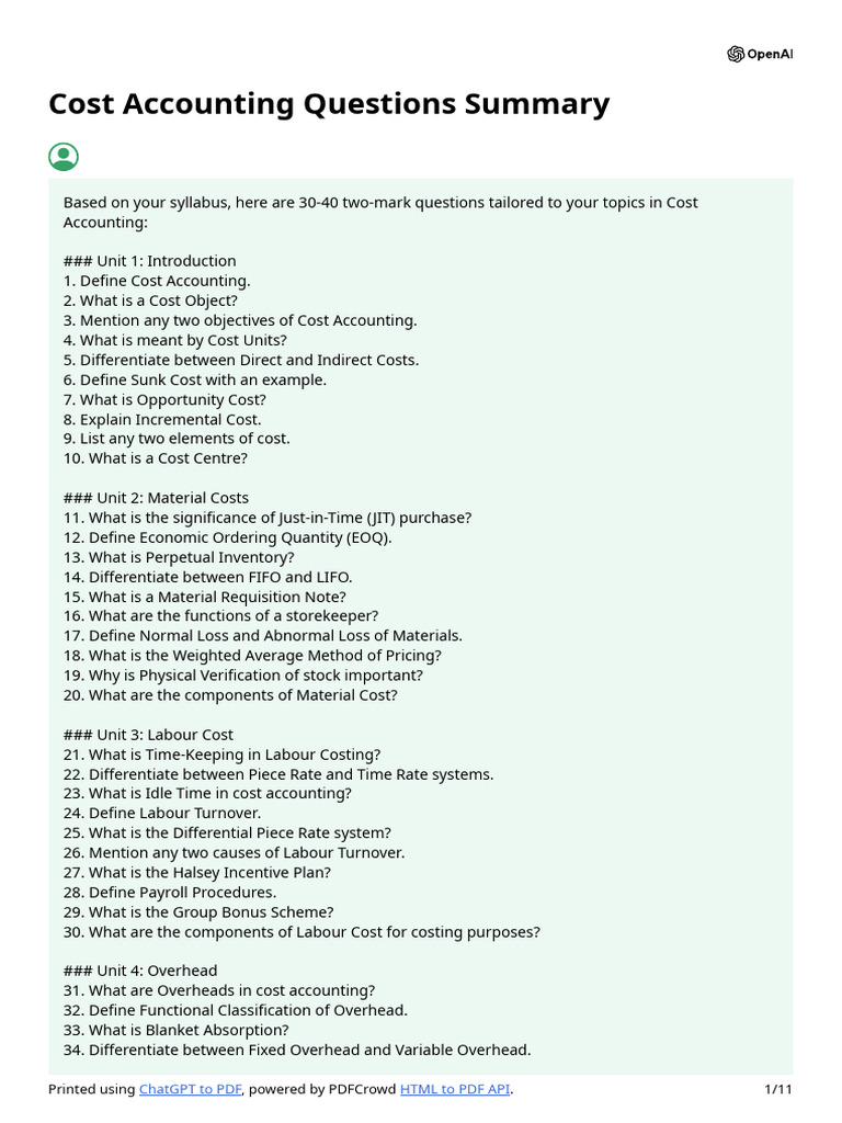 Cost Accounting Questions Summary | PDF | Inventory | Employment