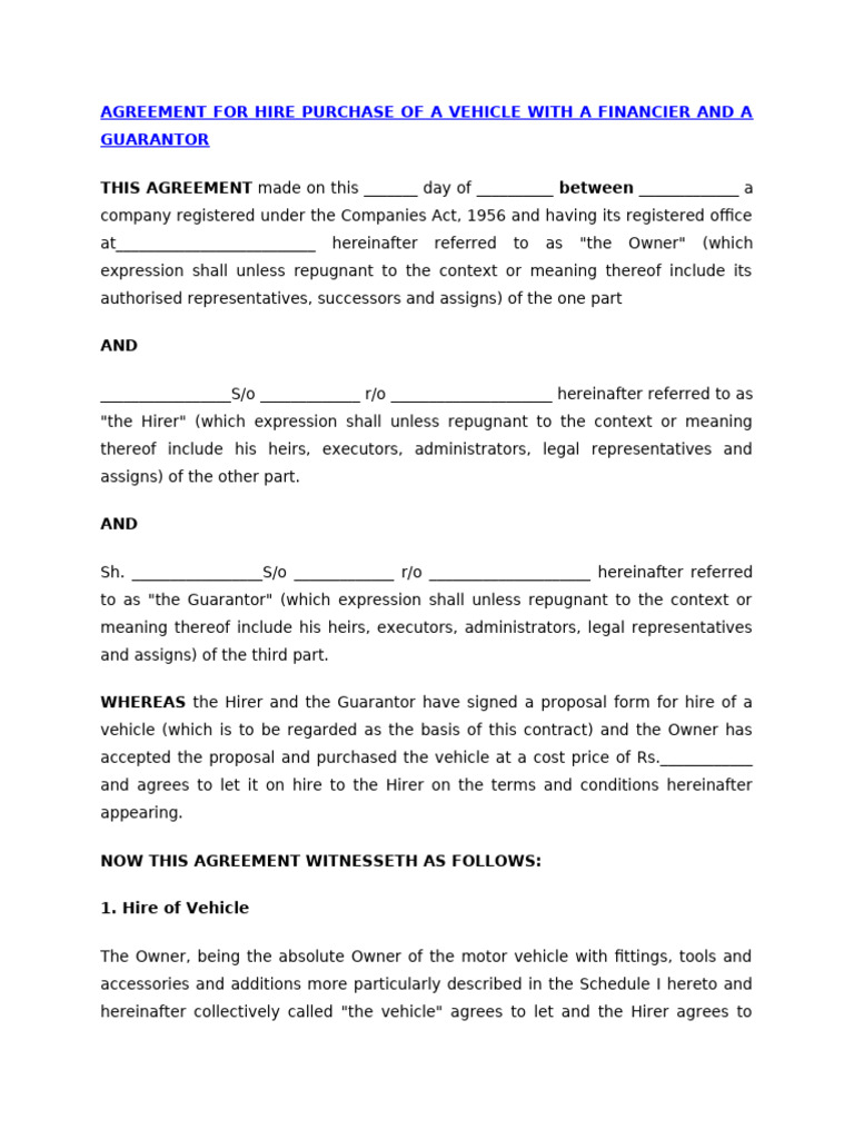 Vehicle Hire Purchase Agreement Template | PDF | Repossession | Arbitration