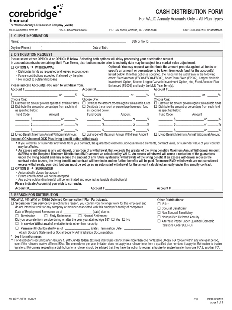 VALIC Cash Distribution Form | PDF | Individual Retirement Account ...