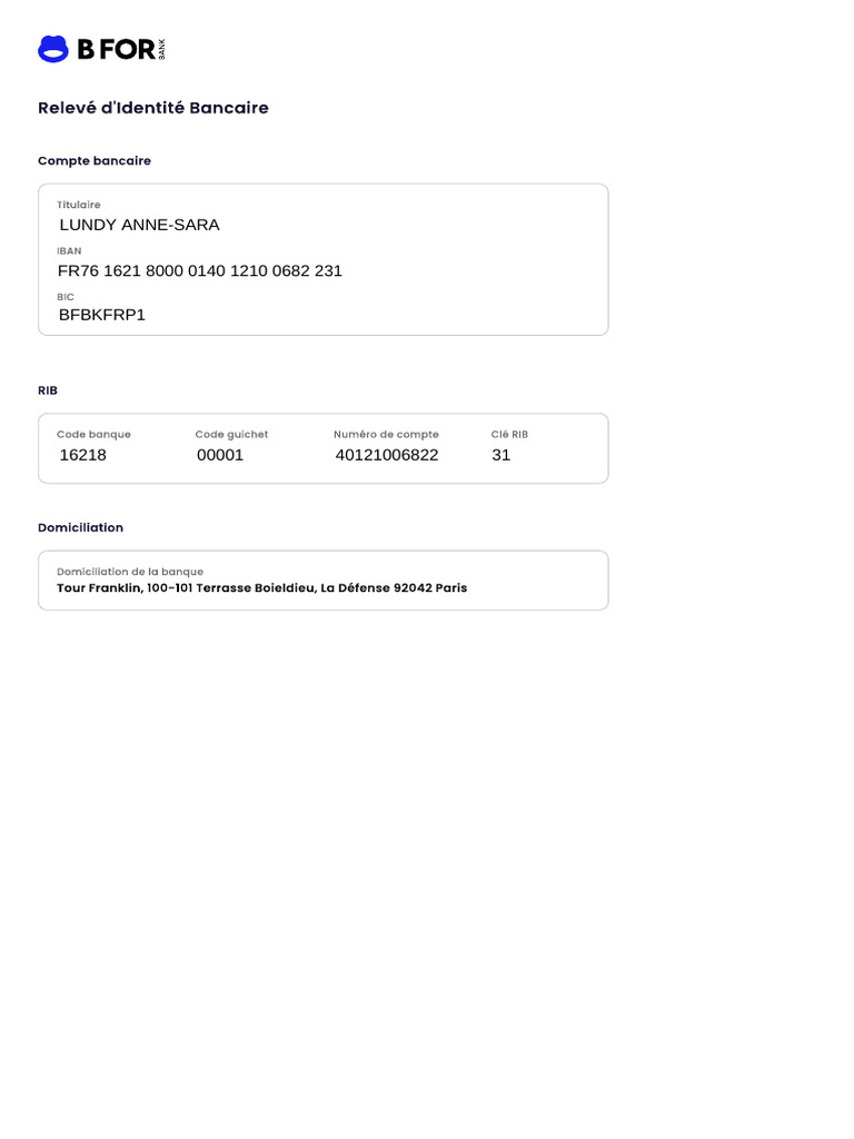 Lundy Anne-Sara FR76 1621 8000 0140 1210 0682 231 Bfbkfrp1 | PDF