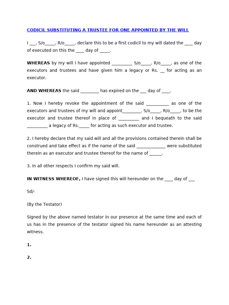 Codicil Substituting A Trustee For One Appointed by The Will | PDF