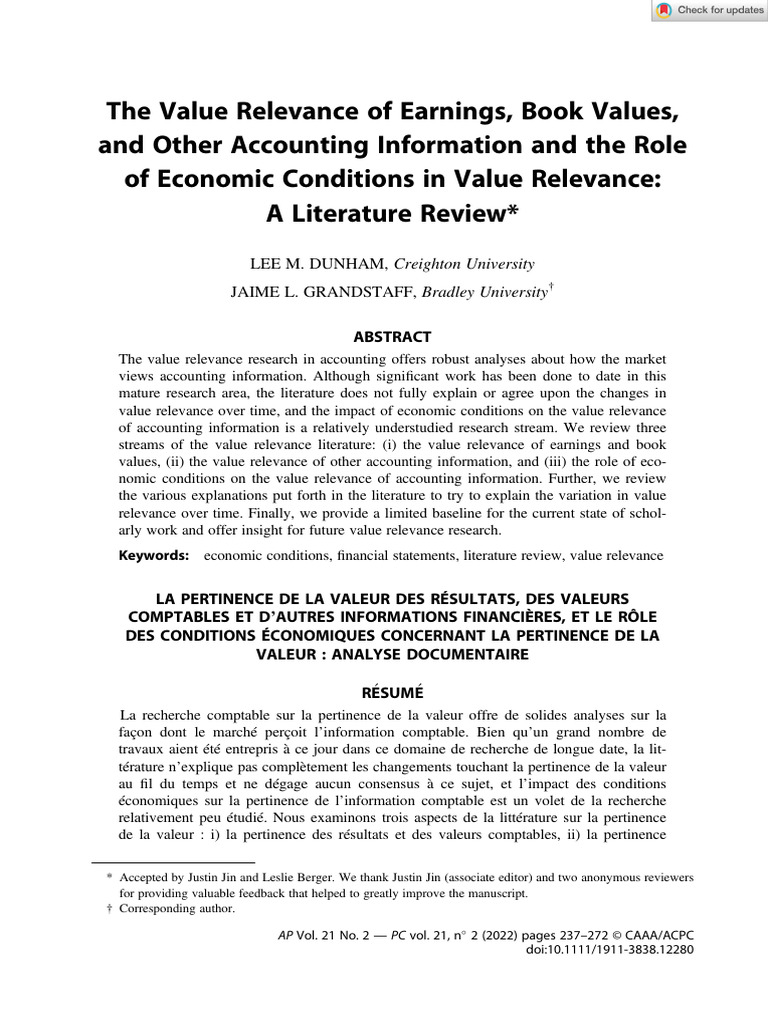 Dunham - The Value Relevance of Earnings Book Values and Other ...