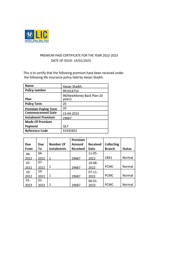 Lic Premium Certificate_as (1) | PDF