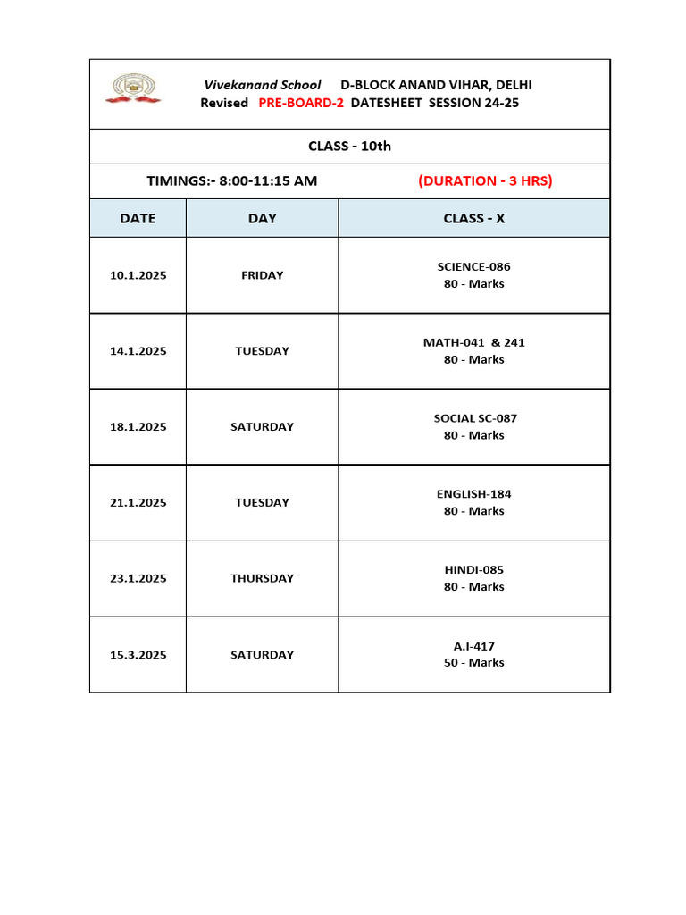 Revised PB 2 CL 10 Date Sheet 06012025 101314 | PDF