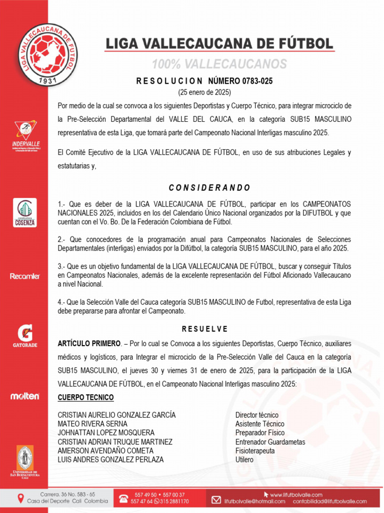Resol. 0783-025 Sel. Valle Sub15 Masculino | PDF | Equipos de fútbol | Asociación Nacional de ...