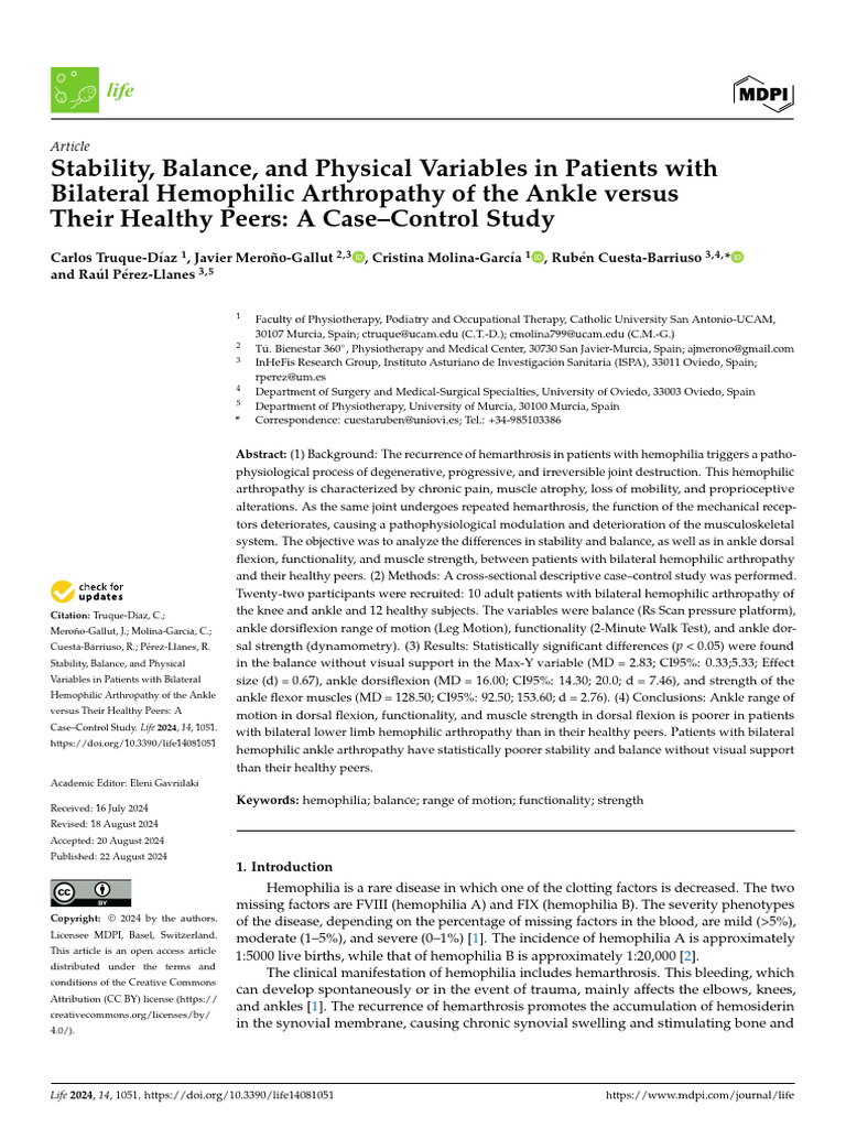 2024. Life. Stability, Balance, and Physical Variables in Patients with Bilateral Hemophilic ...