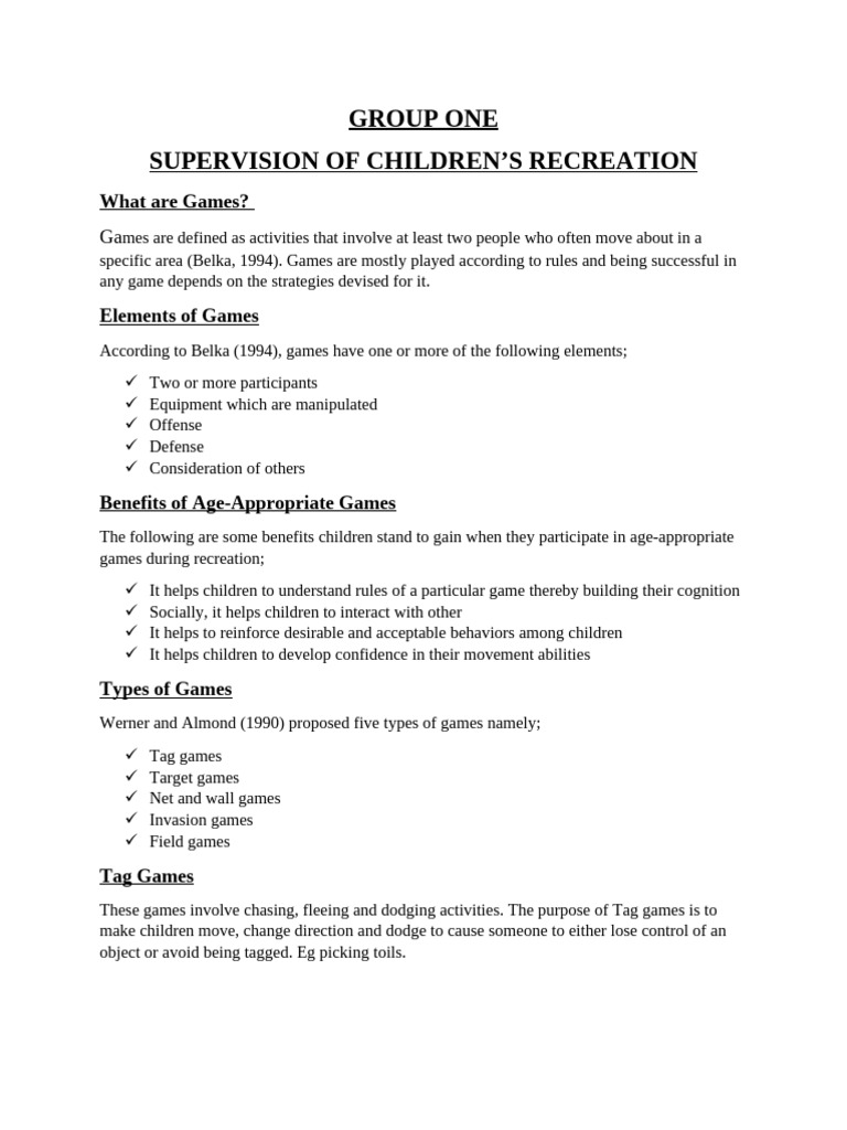 Supervision of Children Recreation | PDF | Behavioural Sciences ...