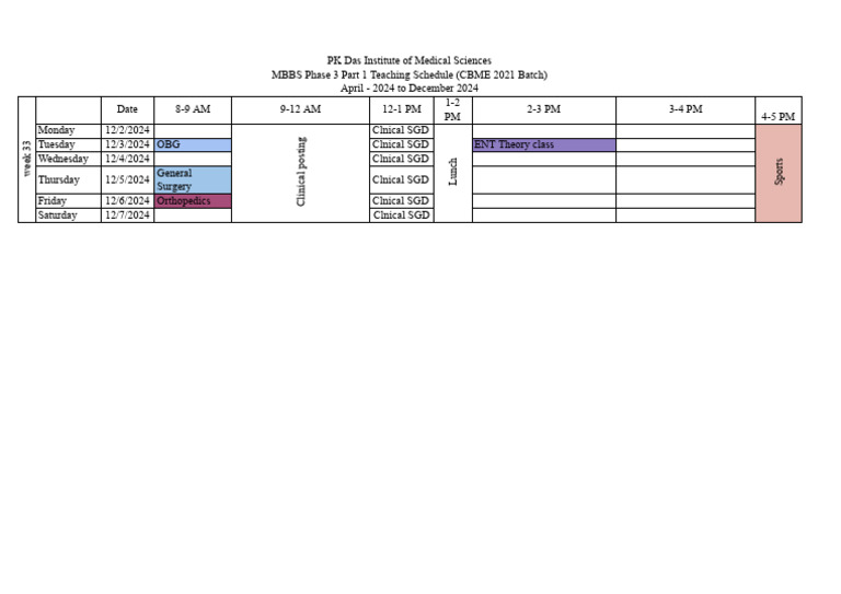 Week 33 Timetable | PDF