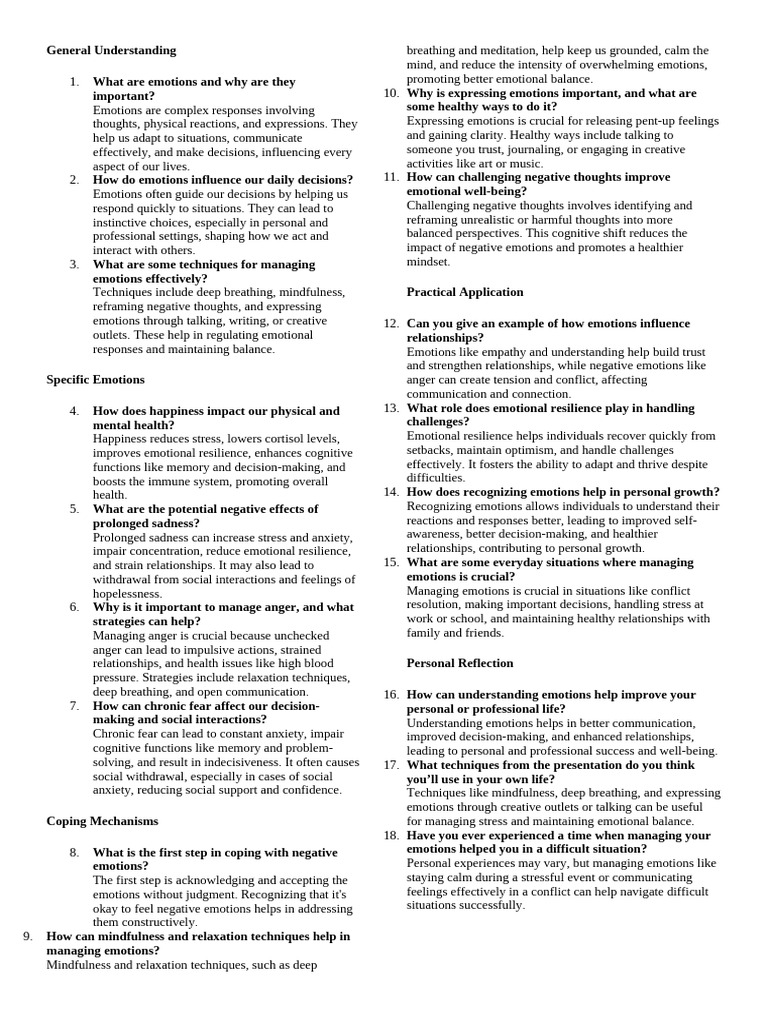 General Understanding Questions-Emotions | PDF | Emotions ...