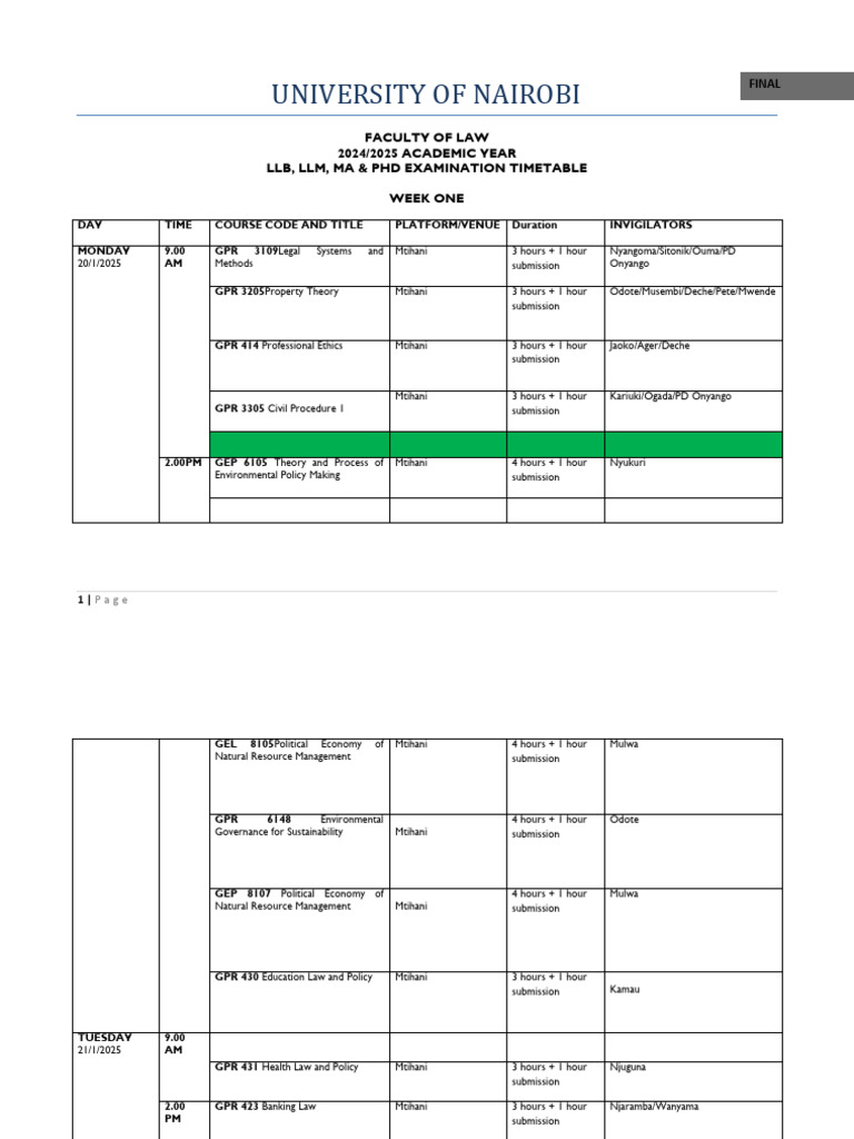 UON Law Exam Timetable 2024/2025 | PDF | Justice | Crime & Violence