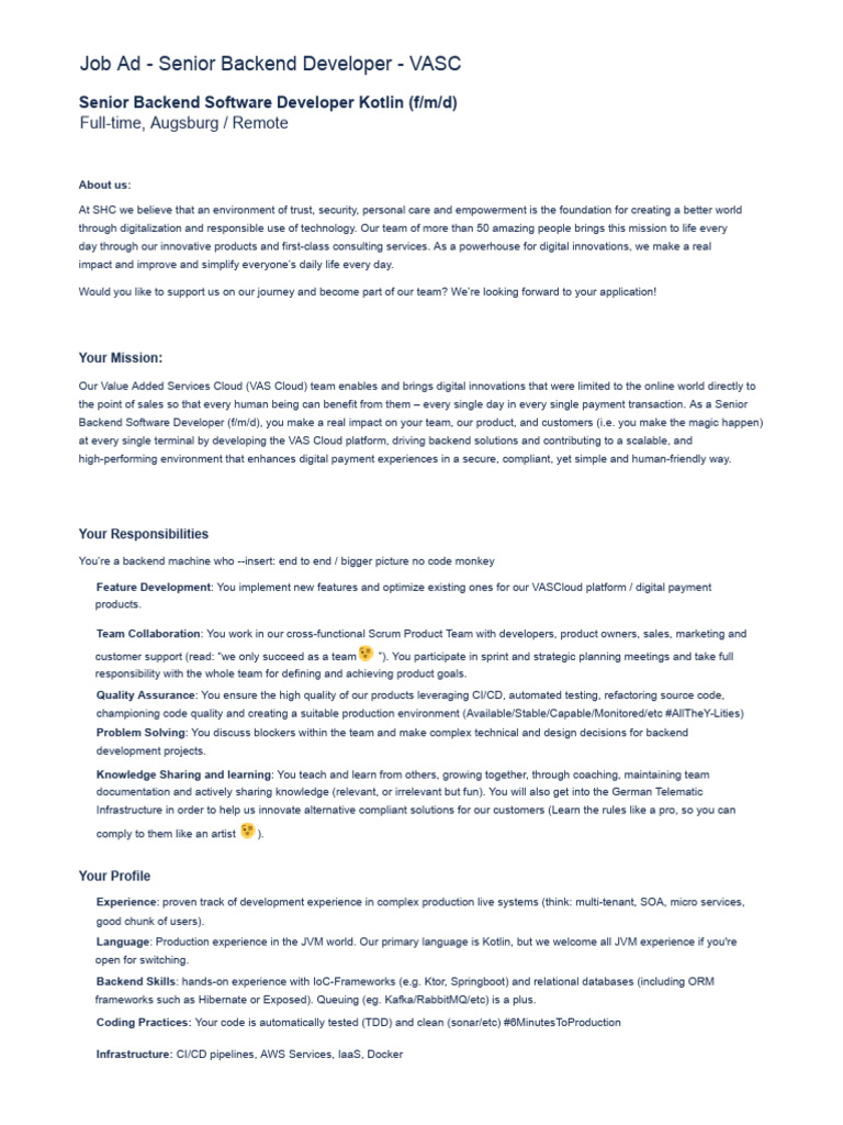 Senior Backend Developer Job in Augsburg | PDF | Cloud Computing | Information Technology