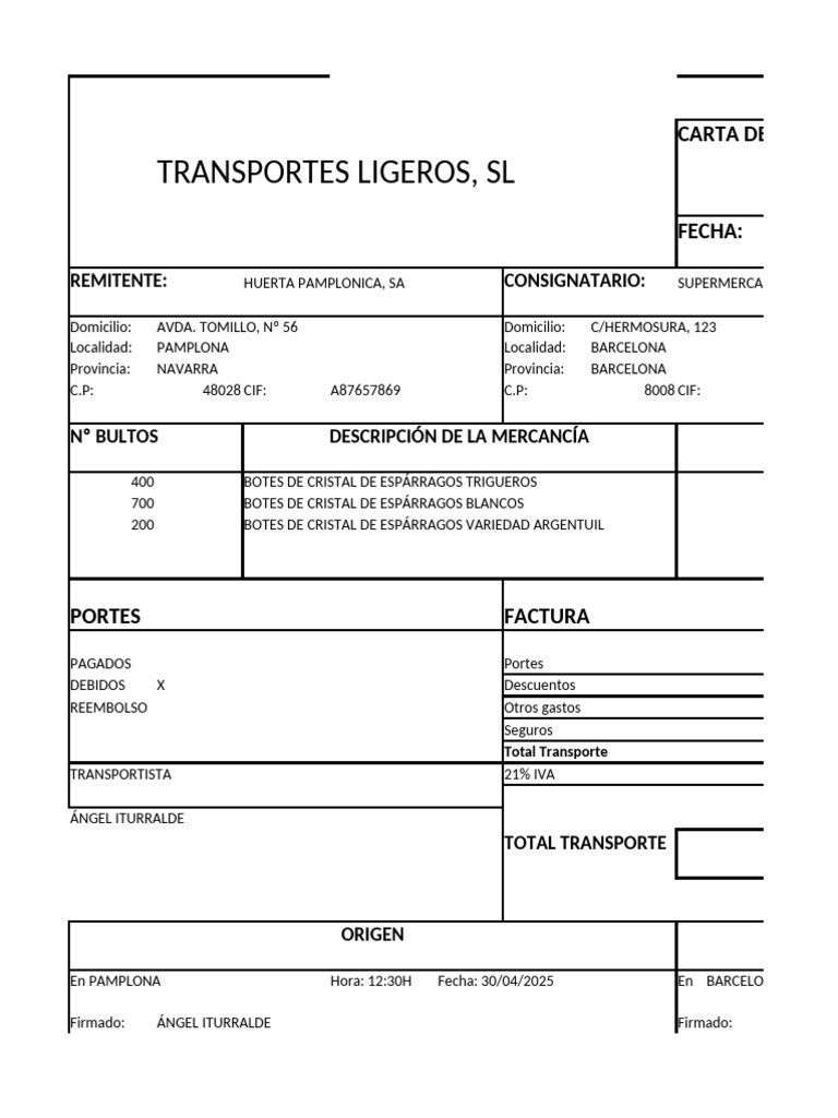 Plantilla Carta de Porte en Excel | PDF