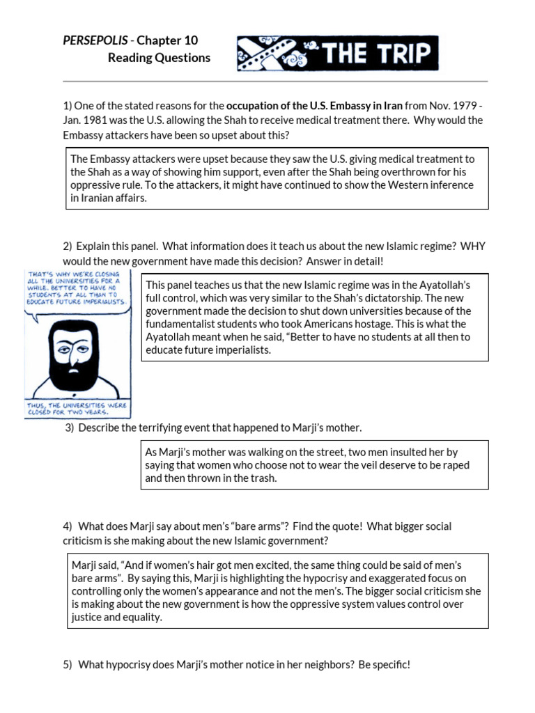 Persepolis - Ch. 10 - The Trip - Reading Questions | PDF