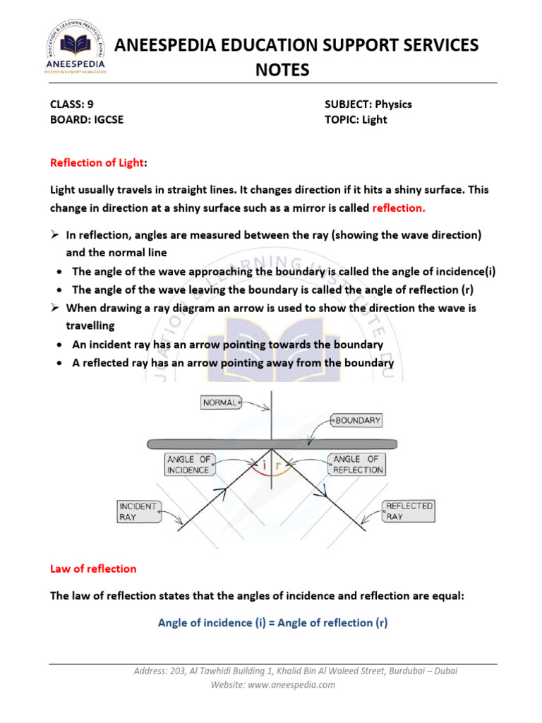 9 IGCSE Physics Light notes | PDF | Refraction | Refractive Index