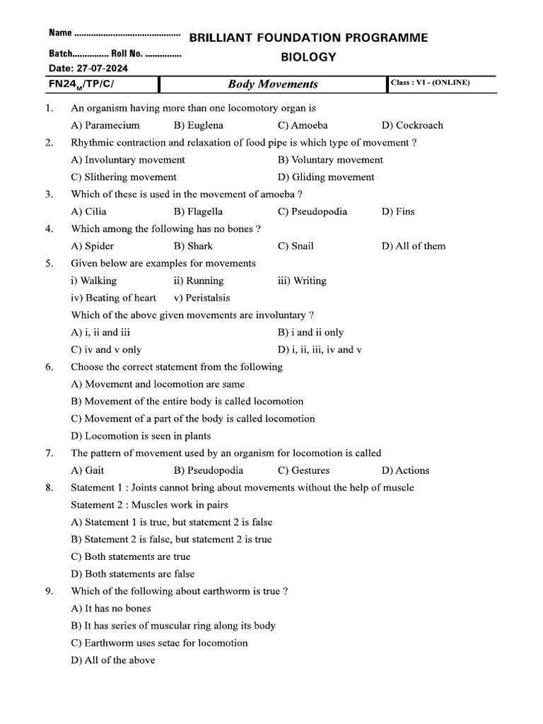 FOUNDATION Class VI (Body Movements) 27-07-2024 | PDF