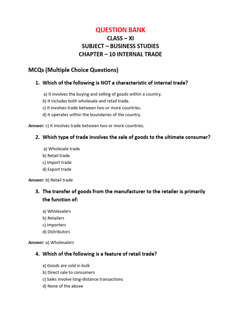 Class 11 Internal Trade Question Bank | PDF | Retail | Inventory