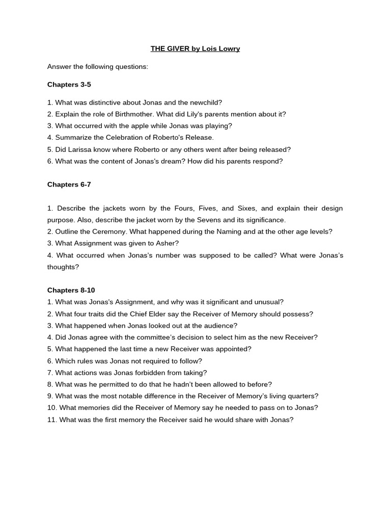The Giver: Chapter Questions & Answers | PDF | The Giver
