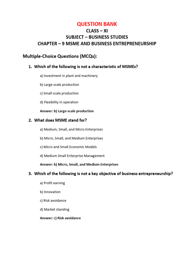 Class - 11 BST Ch-9 Question Bank | PDF | Entrepreneurship | Small And Medium Sized Enterprises
