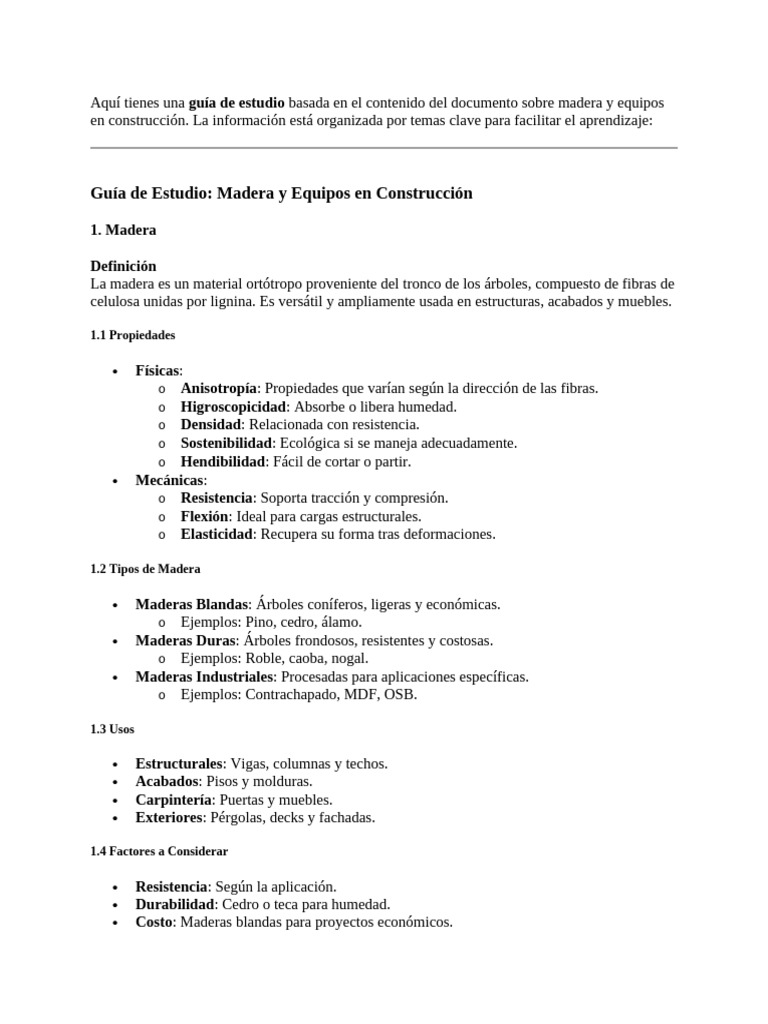 Guia de Estudio Madera y Equipo Mayor y Menor | PDF | Madera