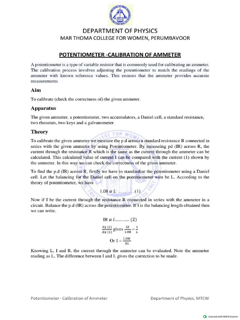 Potentiometer Calibration of Ammeter | PDF