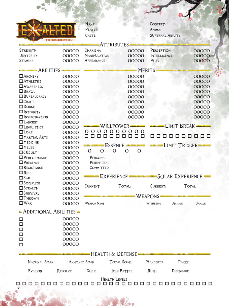Exalted 3rd Edition - Character Sheet | PDF | Role Playing Games