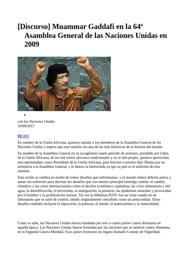 (Discurso) Muamar El Gadafi en La 64 Asamblea General de La ONU en 2009 ...