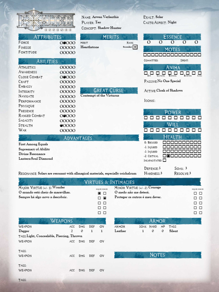 Exalted Essence - Character Sheet | PDF