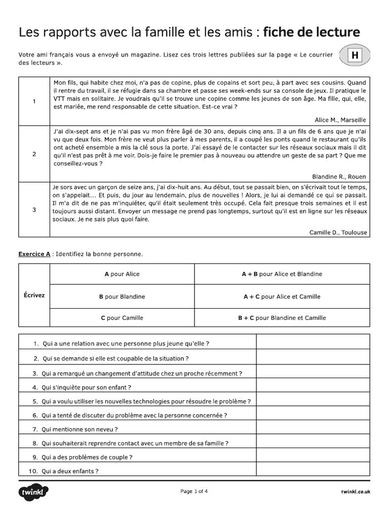 T4 FR 014 Relationships With Family and Friends Reading Comprehension ...