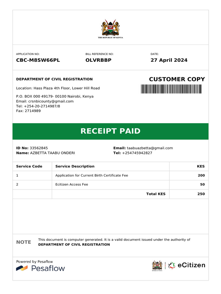 Cbc-M8sw66pl-Civil Registration Receipt | PDF | Government And Personhood