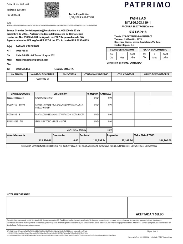 Pash S.A.S NIT.860,503,159-1: Valor Unitario Descuento Valor Total | PDF | Pagos