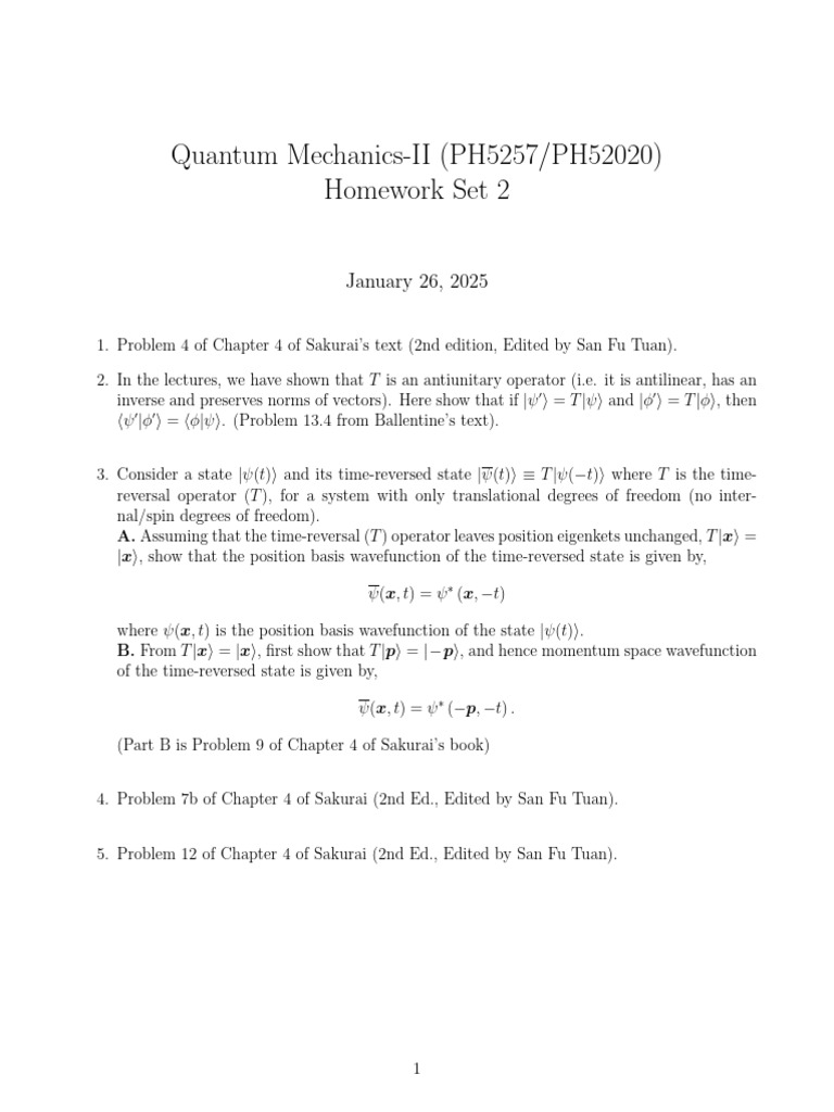 Quantum Mechanics II Homework Set 2 | PDF