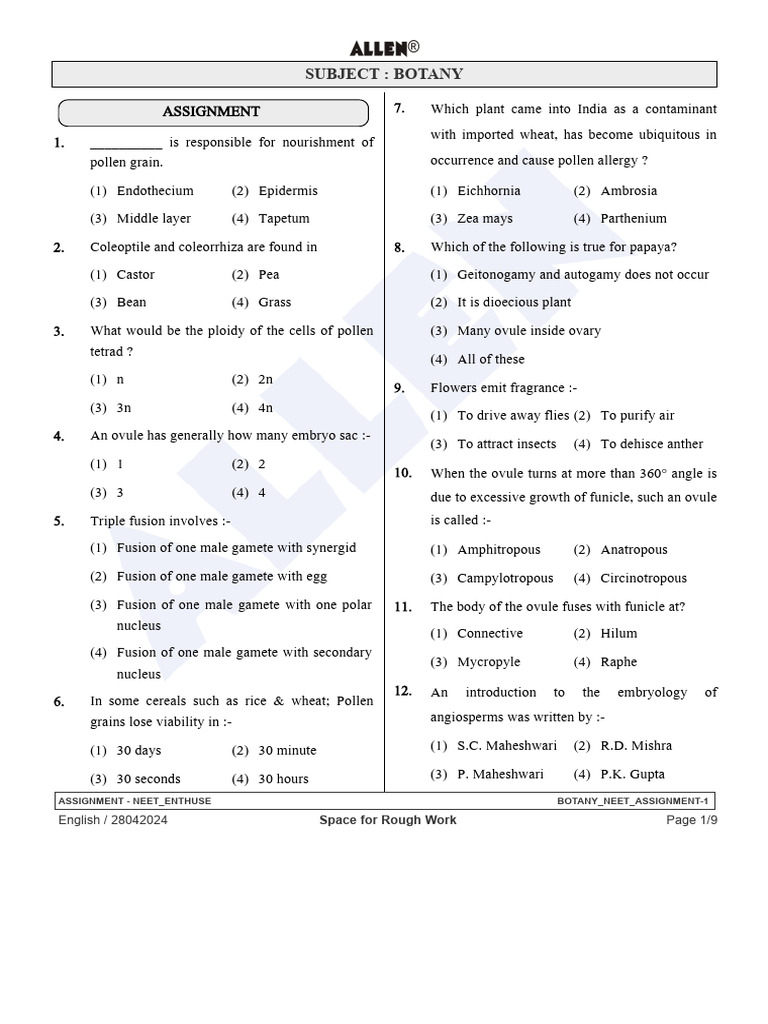 Botany Neet Enthuse Assignment-1 | PDF | Anatomy | Flowers