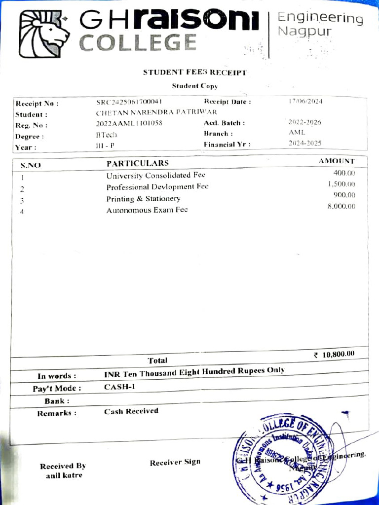 CP Fees Receipt | PDF