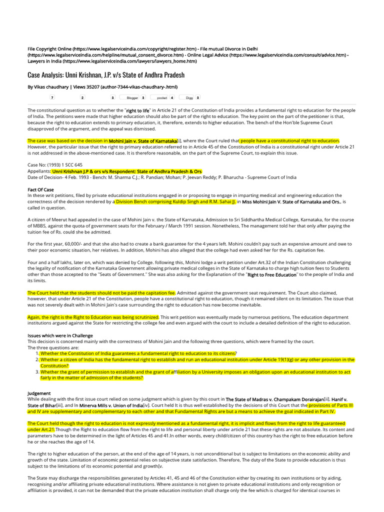 Case Analysis - Unni Krishnan J.P. V - S State of Andhra Pradesh | PDF | Government | Justice