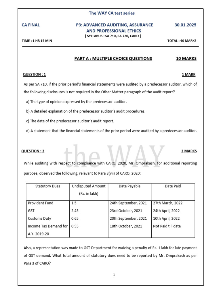 CA Final Auditing Question Paper 2025 | PDF | Auditor's Report | Audit