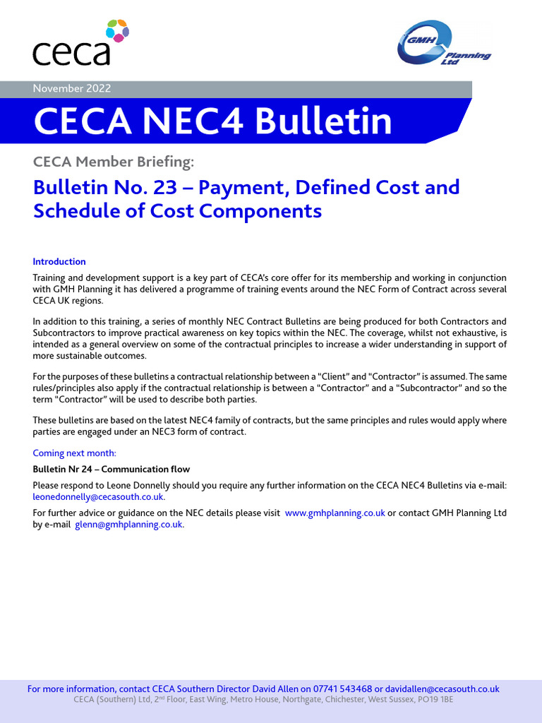 CECA NEC4 Bulletin No. 23 Payment Defined Cost and Schedule of Cost ...